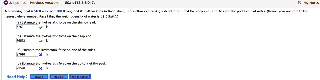 SOLVED: 2/4 points Previous Answers sCalcET8 8.3.017. Notes swimming ...
