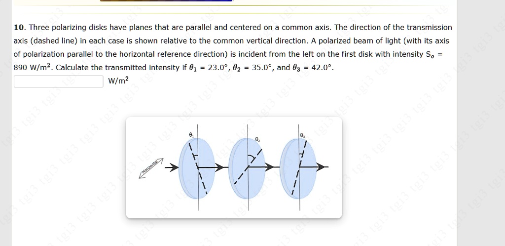 10. Three polarizing disks have planes that are parallel and centered on a common axis. The ...