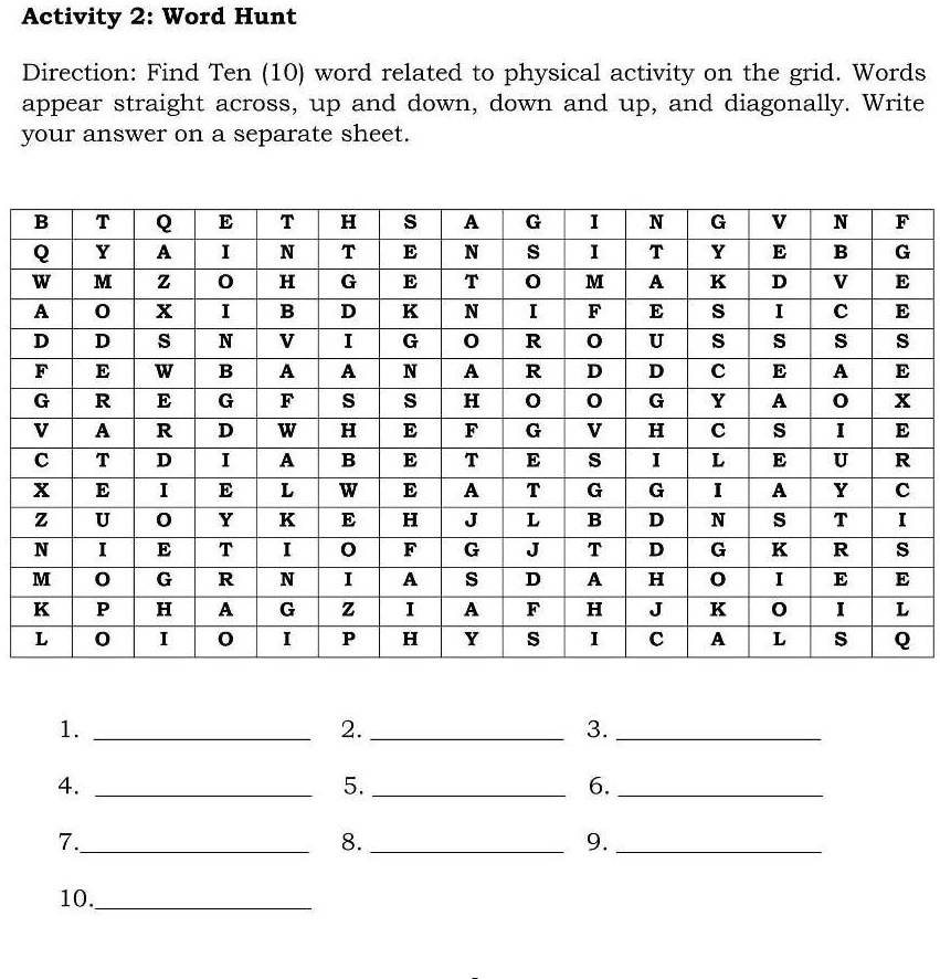SOLVED: 'word hunt find 10 word na related sa physical activity ...