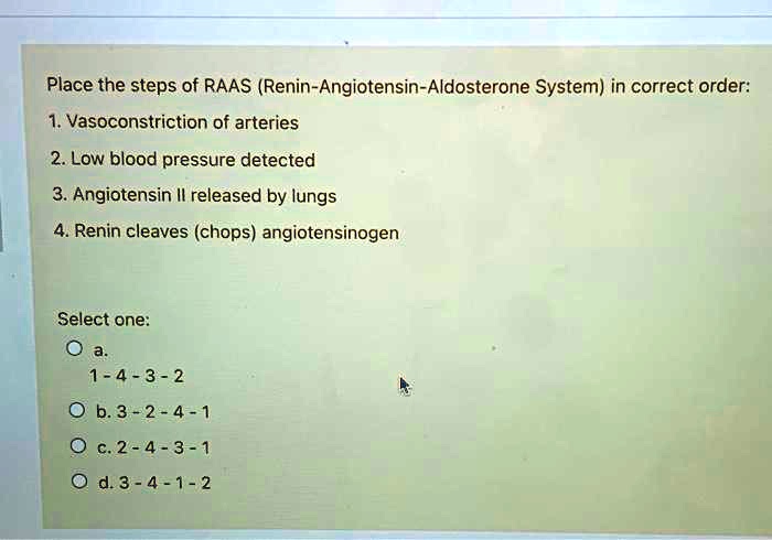 SOLVED: Place the steps of RAAS (Renin-Angiotensin-Aldosterone System ...