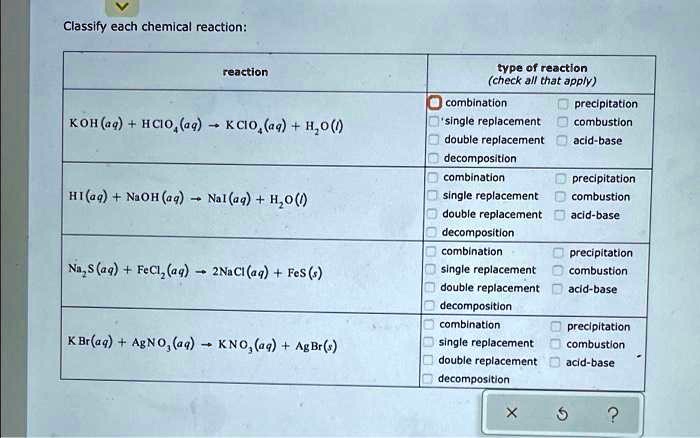 SOLVED: Classify each chemical reaction: Reaction Type of reaction (check all that apply ...