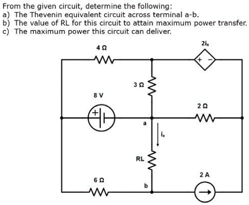 From the given circuit, determine the following: a) The Thevenin equivalent circuit across ...