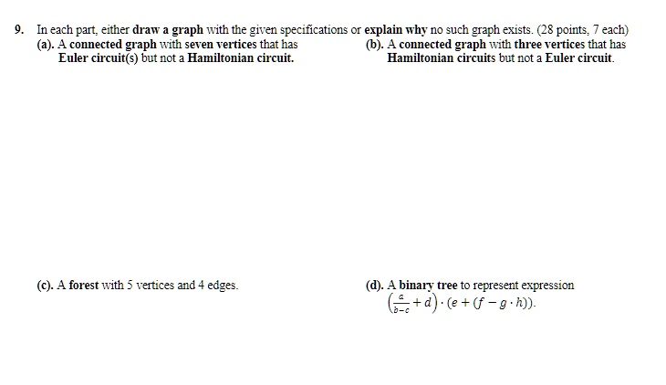 SOLVED: In each part, either draw a graph with the given specifications or explain why no such ...