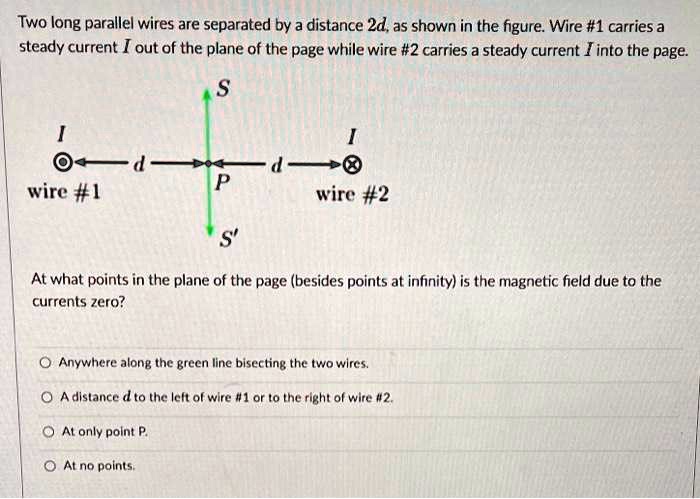 Two long parallel wires are separated by a distance 2d, as shown in the ...