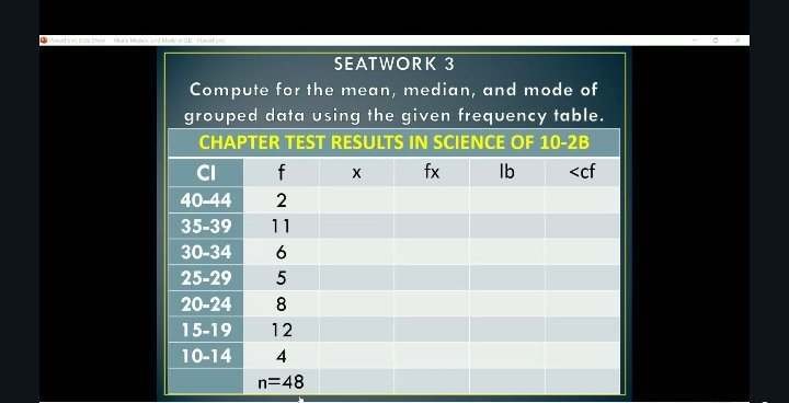 SEATWORK 3 Compute for the mean, median, and mode of grouped data using ...