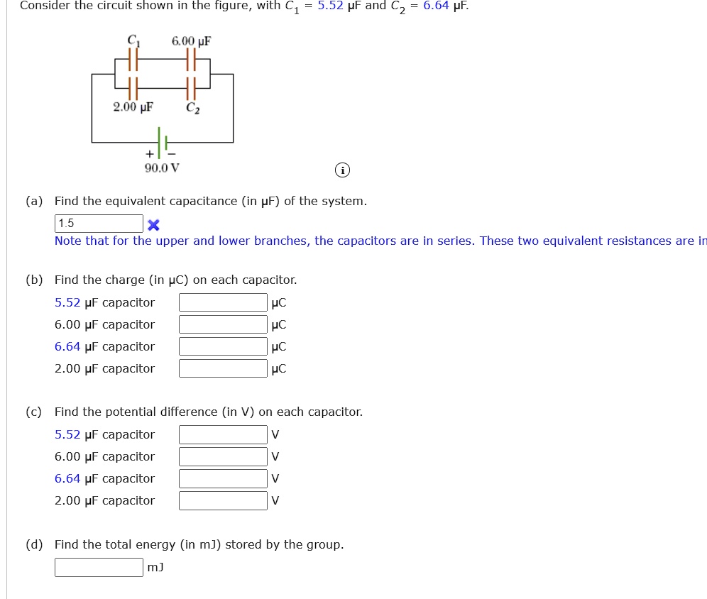 SOLVED: Consider the circuit shown in the figure, with C1 = 5.52 ÂµF and C2 = 6.64 pF: 6.00 pF 2 ...