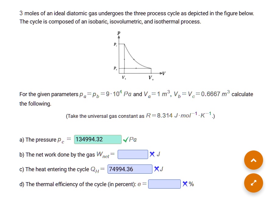 SOLVED: 3 moles of an ideal diatomic gas undergo the three-process ...