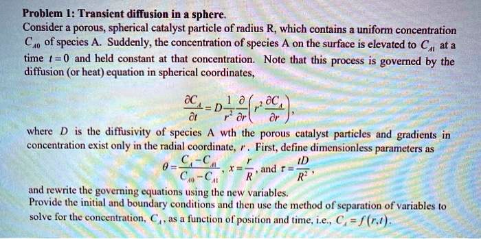 SOLVED: Problem 1: Transient diffusion in a sphere Consider a porous, spherical catalyst ...