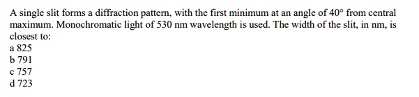 Solved Single Slit Forms Diffraction Pattern With The First Minimum At An Angle Of 40 From