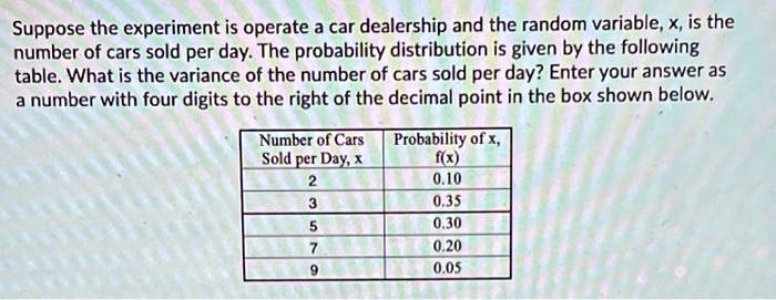SOLVED: Suppose the experiment is operate a car dealership and the ...