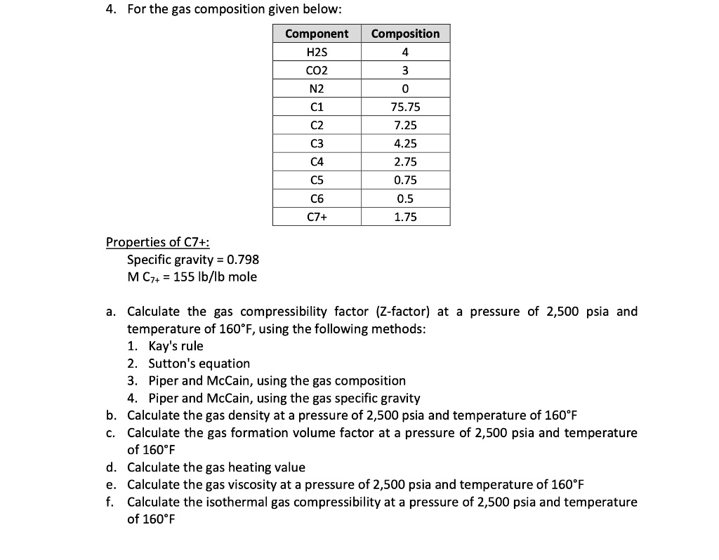SOLVED: 4. For the gas composition given below: Component H2S ...