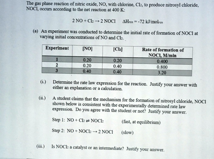 SOLVED: The gas phase reaction of nitric oxide (NO) with chlorine (Cl2 ...