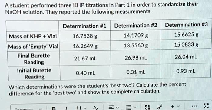 SOLVED: A student performed three KHP titrations in Part 1 in order to ...