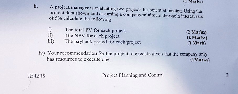 1marks a project manager is evaluating two projects for potential ...