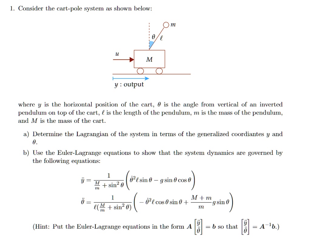SOLVED: 1. Consider the cart-pole system as shown below: M y : o where y is the horizontal ...