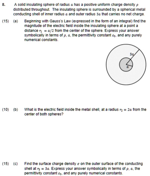 SOLVED: 8. A solid insulating sphere of radius a has a positive uniform charge density p ...