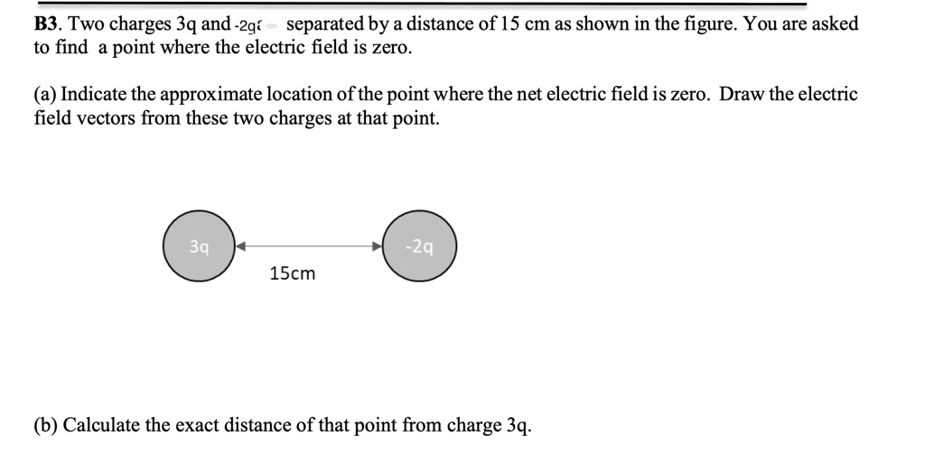 SOLVED: B3. Two charges 3q and -2g: separated by a distance of 15 cm as shown in the figure. You ...