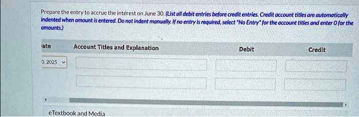 SOLVED: Prepare the entry to accrue the interest on June 30. (List all ...