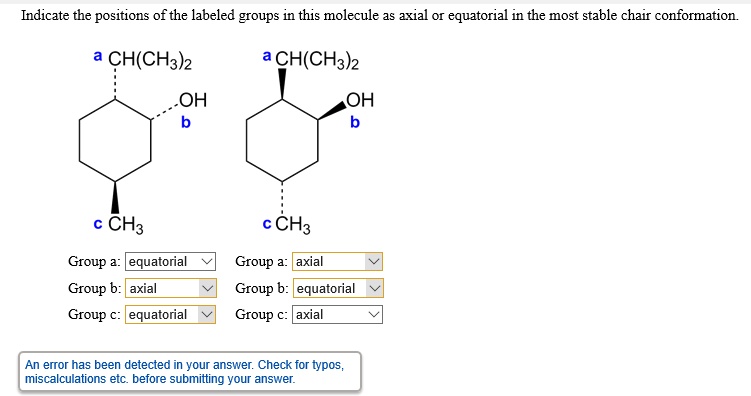 indicate the positions of the labeled groups in this molecule as axial ...