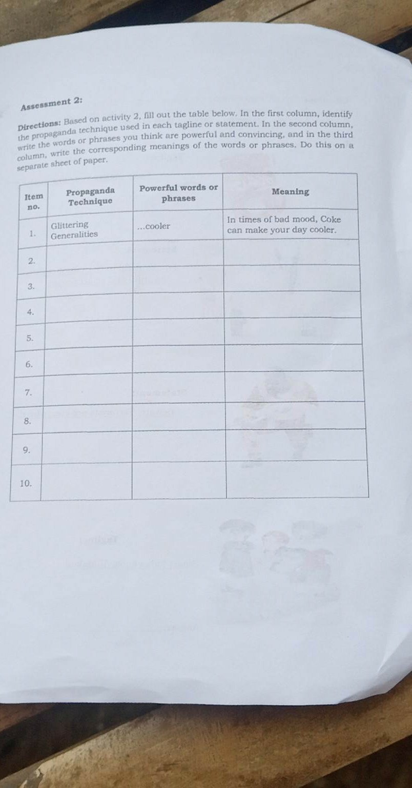 Assessment 2: Directions: Based on activity 2, fill out the table below, In the first column ...