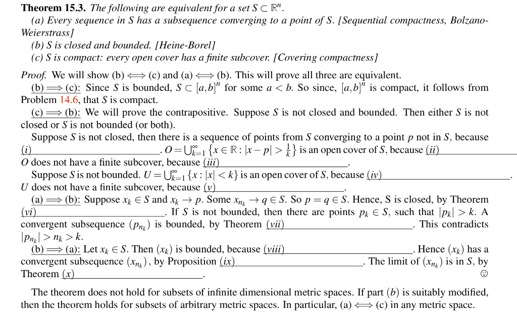 SOLVED:Theorem 15.3 The following are equivalent for a set S â‚¬ R" (a) Every sequence in $ has ...