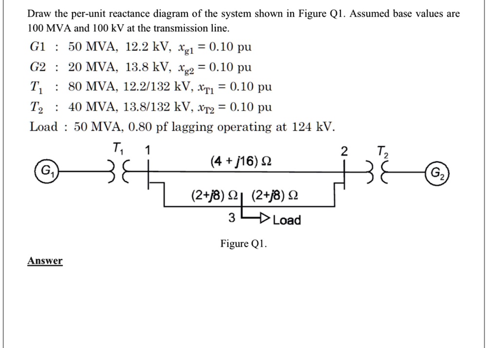 Draw The Per Unit Reactance Diagram Of The System Shown In Figure Q1