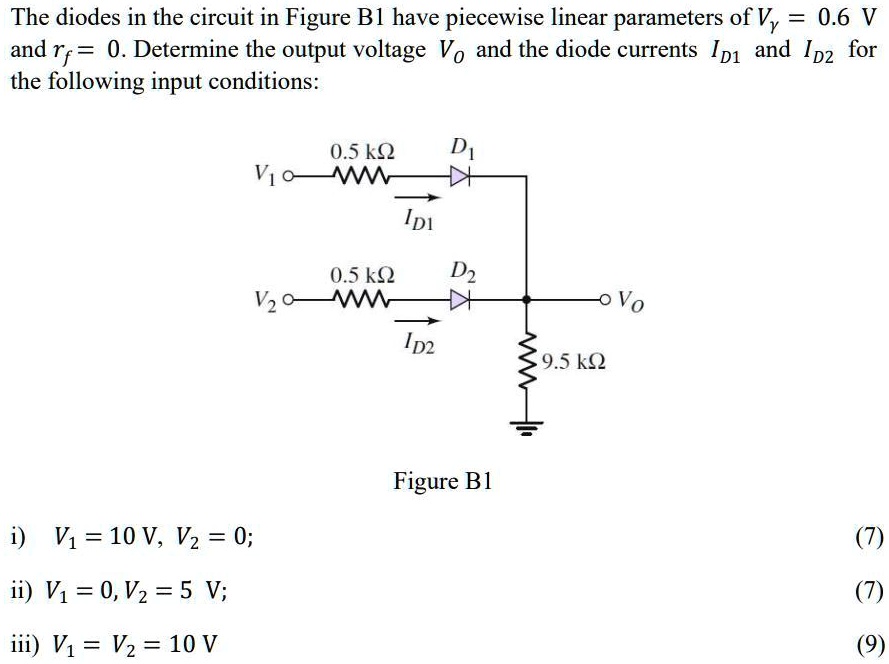 The diodes in the circuit in Figure B1 have piecewise linear parameters of Vγ = 0.6 V and rf = 0 ...