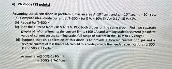 4) PN diode (15 points) Assuming the silicon diode in problem 3) has an ...
