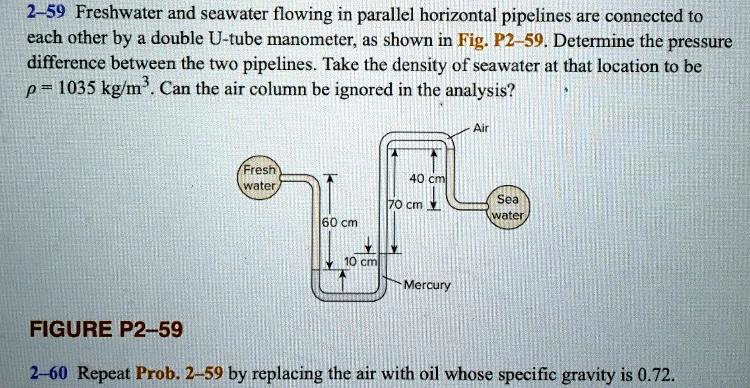 SOLVED: 2-59 Freshwater and seawater flowing in parallel horizontal pipelines are connected to ...