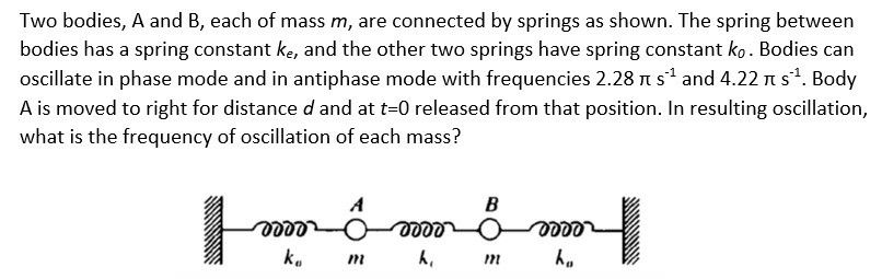 Two bodies, A and B, each of mass m, are connected by springs as shown ...