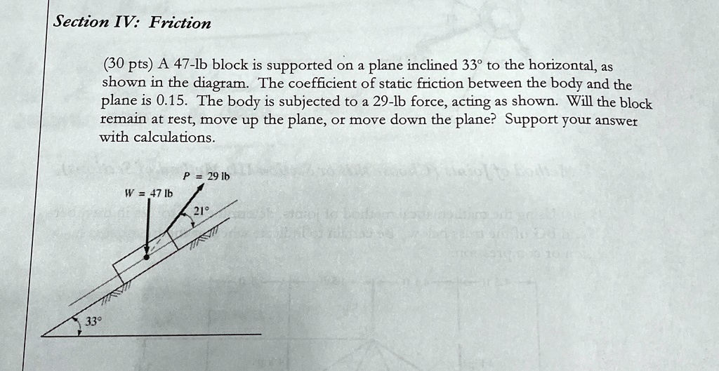 section iv friction 30 pts a 47 lb block is supported on a plane inclined 33 to the horizontal ...