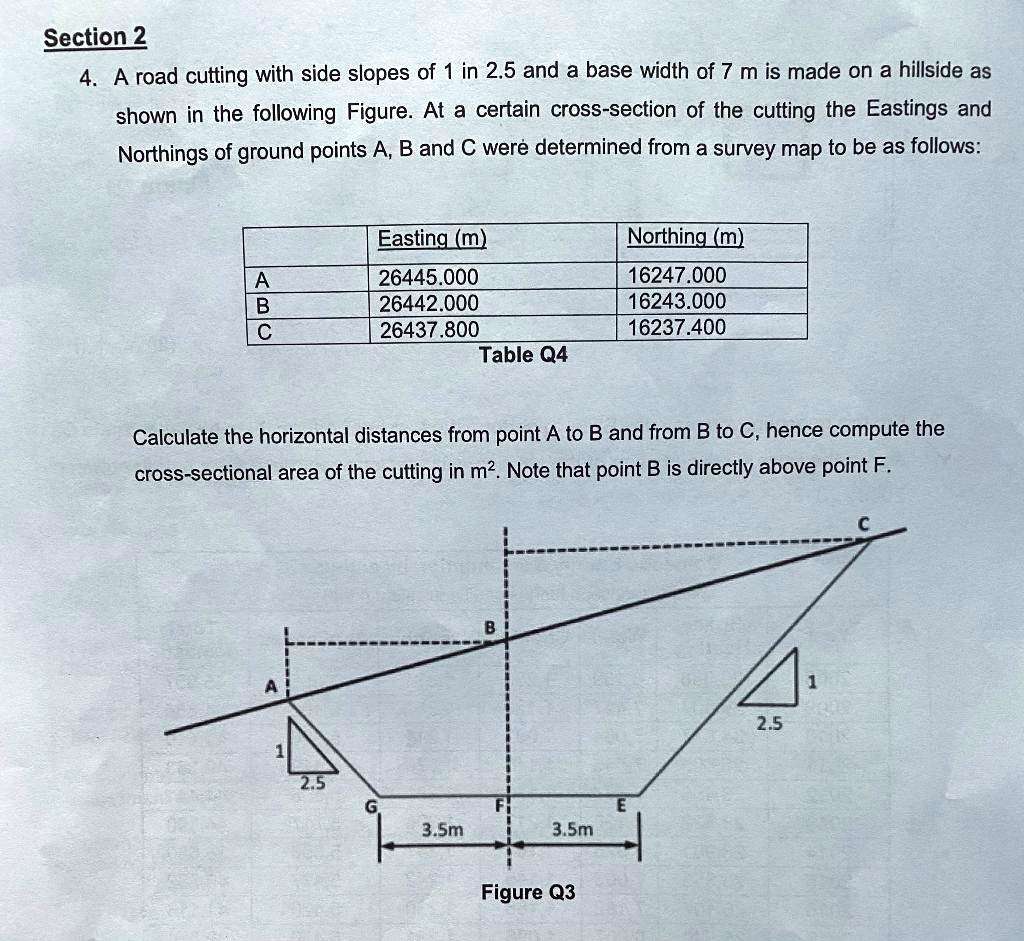 SOLVED: Section 2: A road cutting with side slopes of 2.5 and a base ...