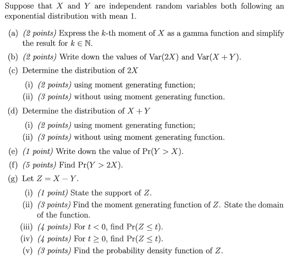 suppose that x and y are independent random variables both following an exponential distribution ...