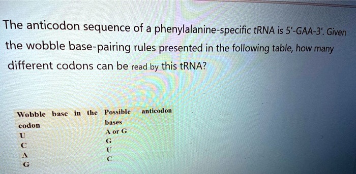 The anticodon sequence of a phenylalanine specific trna is 5...