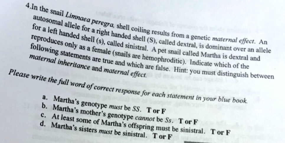 4. In the snail Limnaea peregra, shell coiling results from a genetic ...