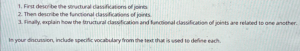 1. First describe the structural classifications of joints 2. Then describe the functional ...