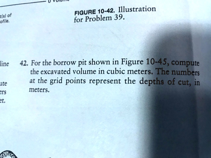 42. For the borrow pit shown in Figure 10-45, compute the excavated volume in cubic meters. The ...