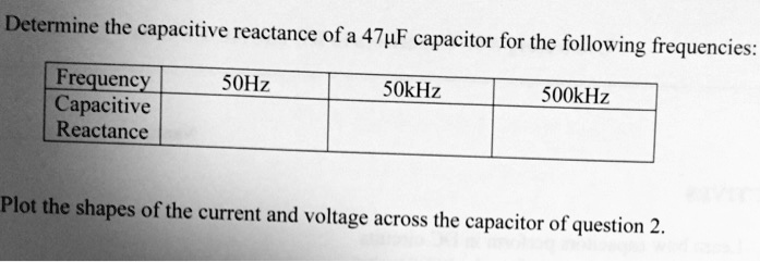 SOLVED: Determine the capacitive reactance of a 47Î¼F capacitor for the following frequencies ...