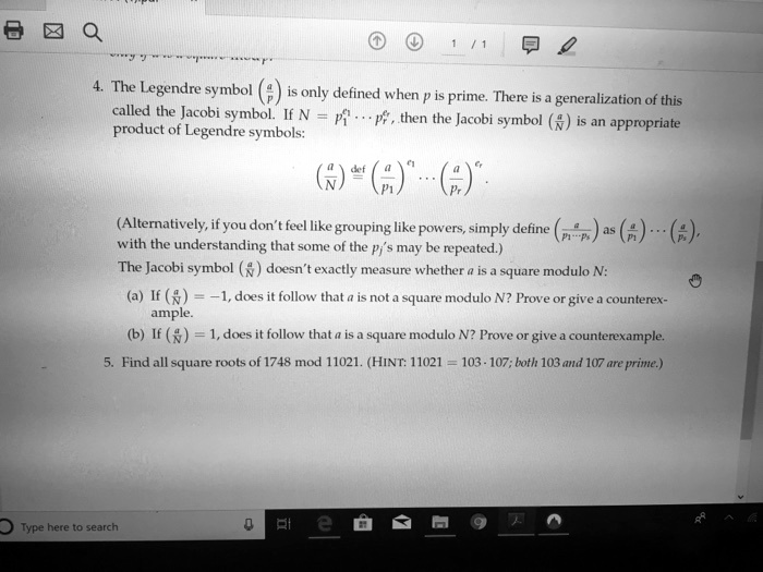 SOLVED:The Legendre symbol is only defined when 15 prime. Ther ...