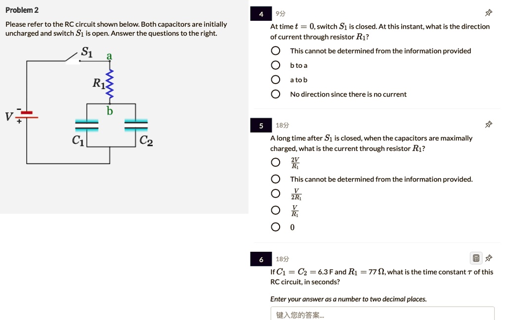 SOLVED: Problem 2 93 At time t = 0,switch S1 is closed At this instant;what is the direction of ...