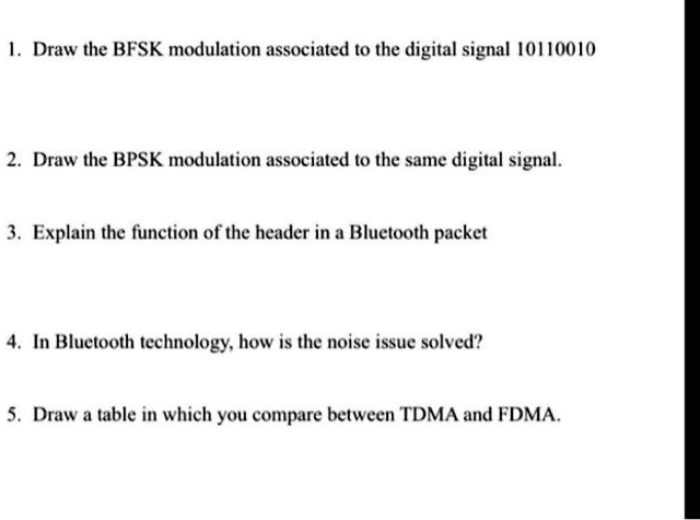 1. Draw the BFSK modulation associated to the digital signal 10110010 2. Draw the BPSK ...