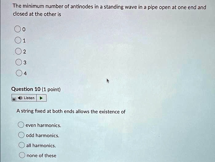SOLVED: The minimum number of antinodes in a standing wave in a pipe open at one end and closed ...