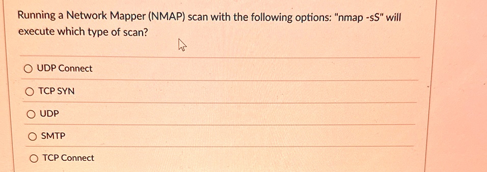 running a network mapper nmap scan with the following options nmap ss will execute which type of ...