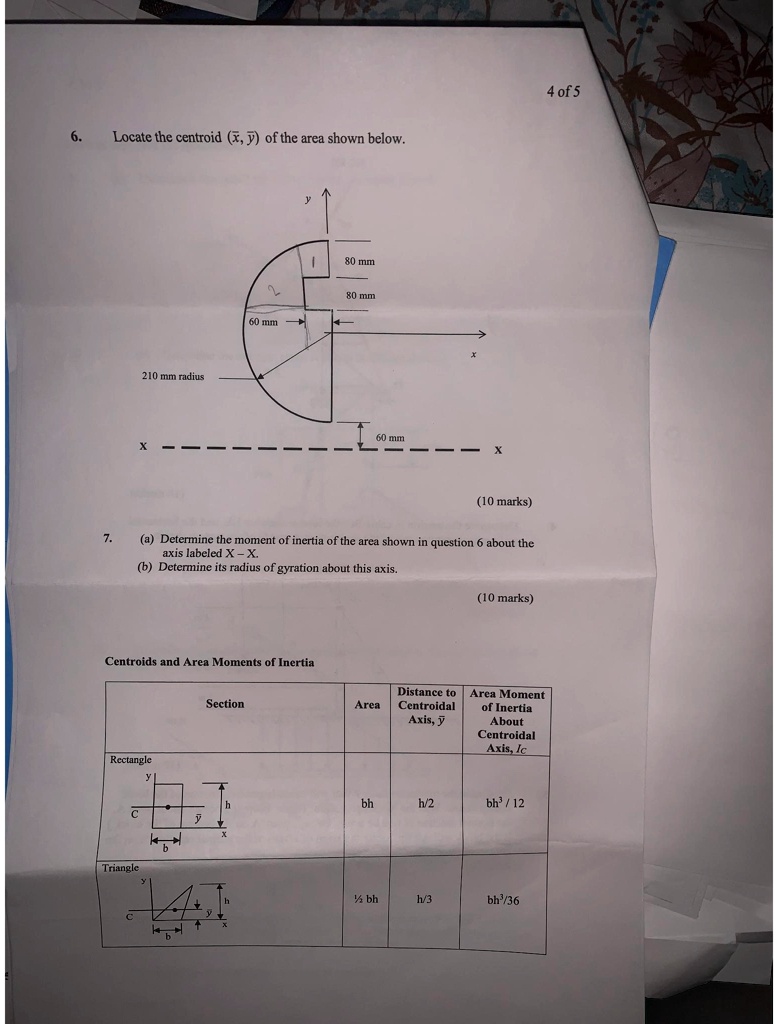 4 of 5 6. Locate the centroid ( arx, ary) of the area shown below. (10 ...