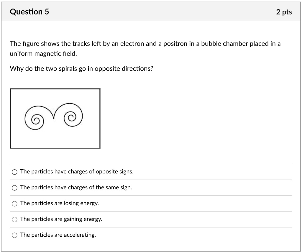 Question 5 2 pts The figure shows the tracks left by an electron and a ...