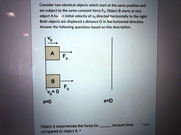 SOLVED: Consider two identical objects which start at the same position and are subject to the ...