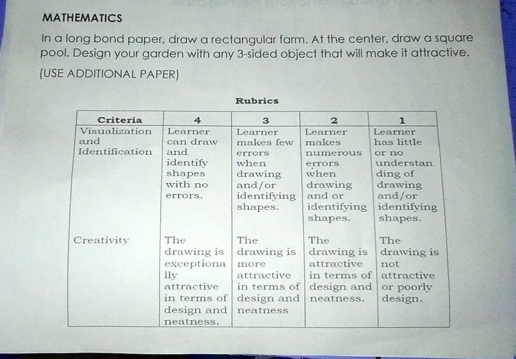 MATHEMATICS In a long bond paper, draw a rectangular farm. At the ...