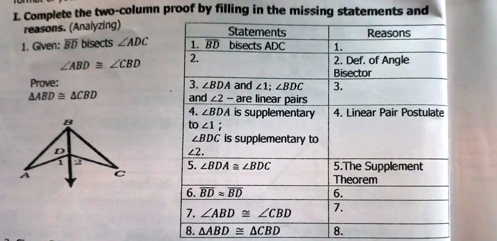 [get Answer] I Complete The Two Column Proof By Filling In The Missing Statements And Reasons