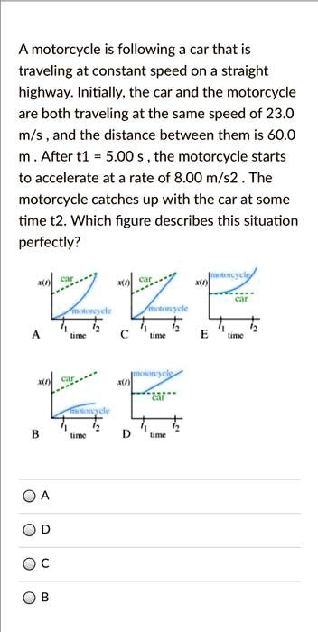 SOLVED: A motorcycle is following car that is traveling at constant ...