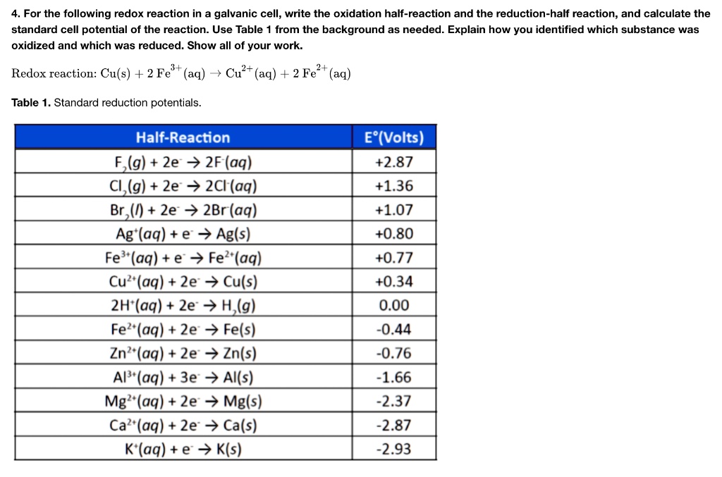 4. For the following redox reaction in a galvanic cell, write the ...